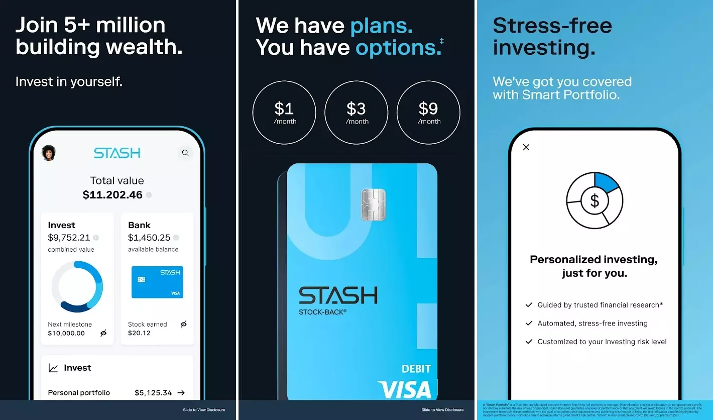 Stash инвестициялық қолданбасының скриншоттары