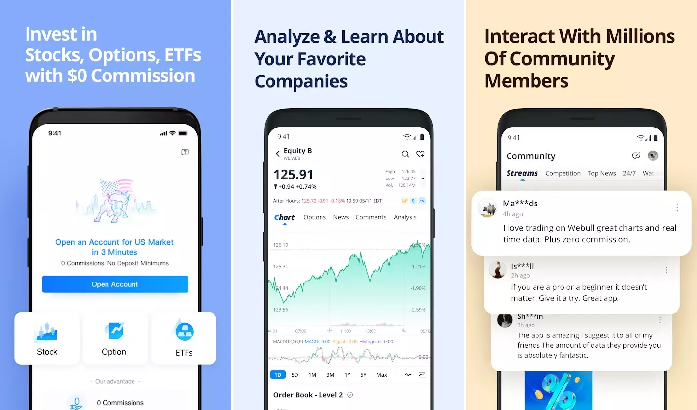 Webull yatırım uygulamasının ekran görüntüleri