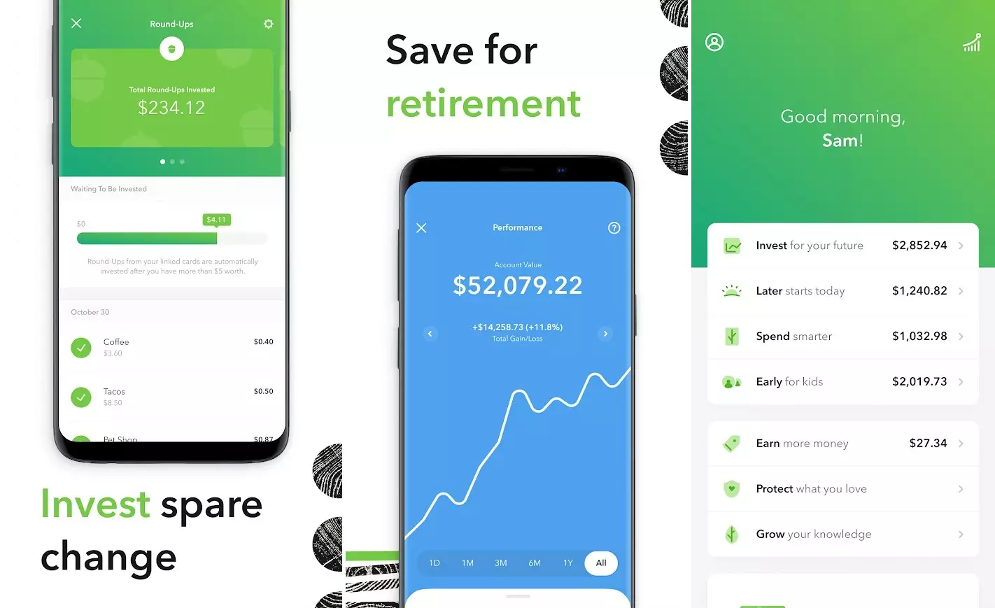 Snímky obrazovky aplikácie Acorns, najlepších investičných aplikácií, aplikácií na investovanie do akcií