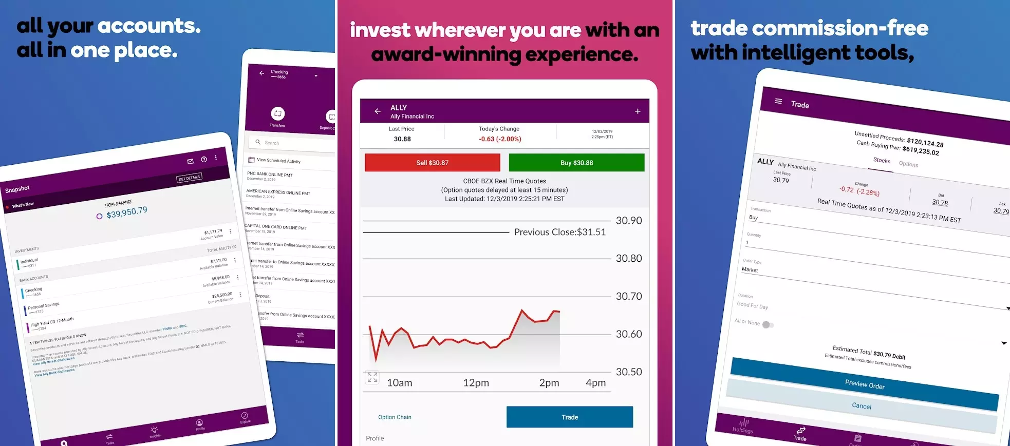 Skärmdumpar av Ally Invest-appen, bästa investeringsappar, aktieinvesteringsappar