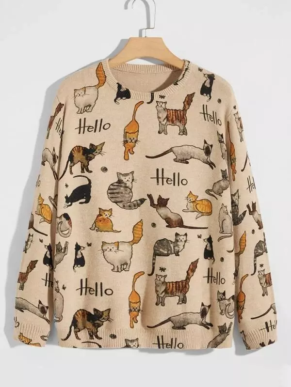 SHEIN-Kucing-dan-Letter-Corak-Sweater