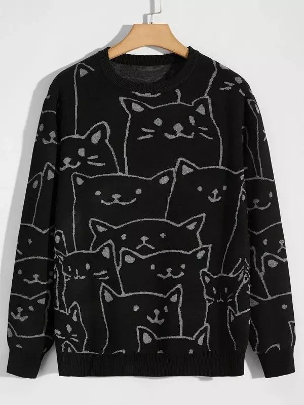 SHEIN-Men-Allover-Cat-Desen-Пуловер