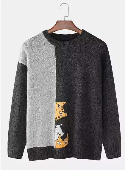 Newchic-Mens-contrast-Knit-කාටූන්-Cat-pattern-Sweater