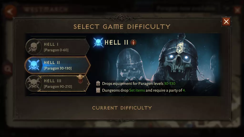Zaslon za izbiro težavnosti Diablo Immortal