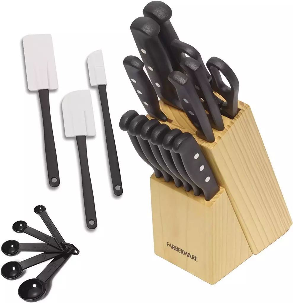 Farberware 22-Piece Never Needs Sharpening Triple Rivet Блок ножове от високовъглеродна неръждаема стомана и комплект кухненски инструменти, черен
