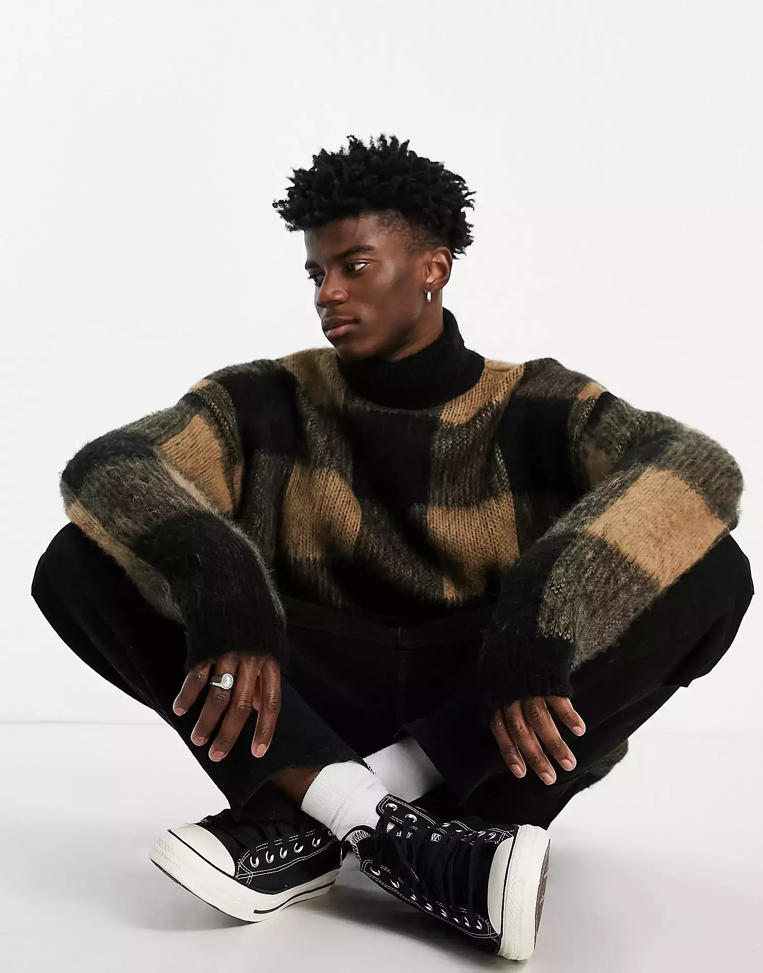 ASOS DESIGN Fluffy Knit Plaid Turtle Neck Sweater