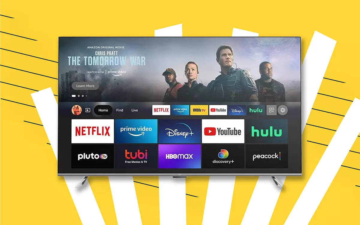 65-inch Amazon ina TV omni jara lori abẹlẹ ofeefee