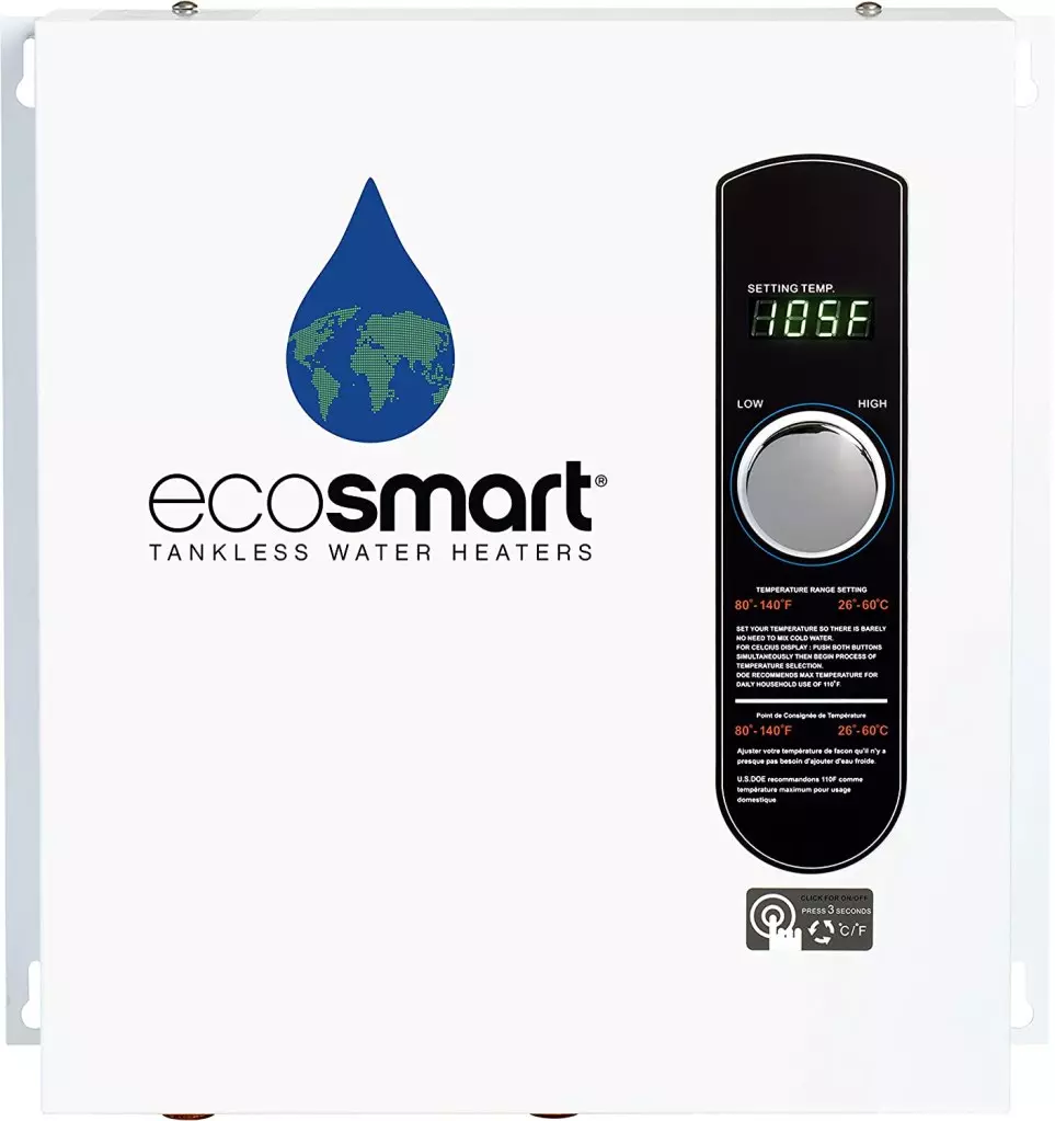EcoSmart ECO 27 بریښنایی ټانک پرته د اوبو هیټر، 27 کیلو واټ په 240 وولټ، 112.5 امپس د پیټینډ ځان ماډل کولو ټیکنالوژۍ سره، سپین