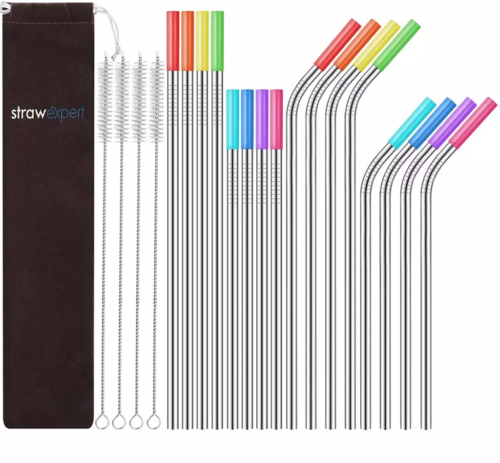 StrawExpert Set of 16 Reusable Stainless Steel Straws