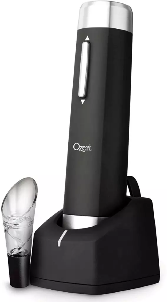 Abrebotellas de viño eléctrico Ozeri Prestige con vertedor de aireación, cortador de papel aluminio e elegante soporte de recarga