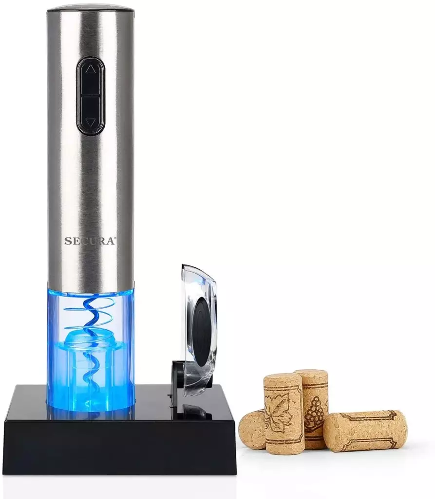 Elektrický otvírák na víno Secura, automatický elektrický otvírák na láhve na víno s řezačkou fólie, dobíjecí (nerezová ocel)