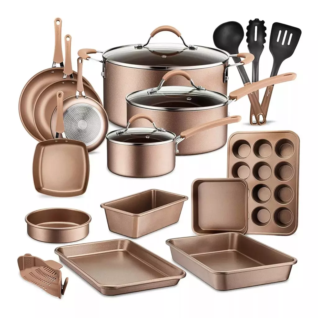 I-NutriChef Metallic Nonsstick Ceramic Cooking Kitchen Amabhodwe kanye ne-Pan Baking Isethi eneZivalo kanye nezitsha, Isethi yezingcezu ezingu-20, I-Bronze