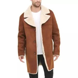 DKNY Shearling Walking Coat with Faux Fur Collar