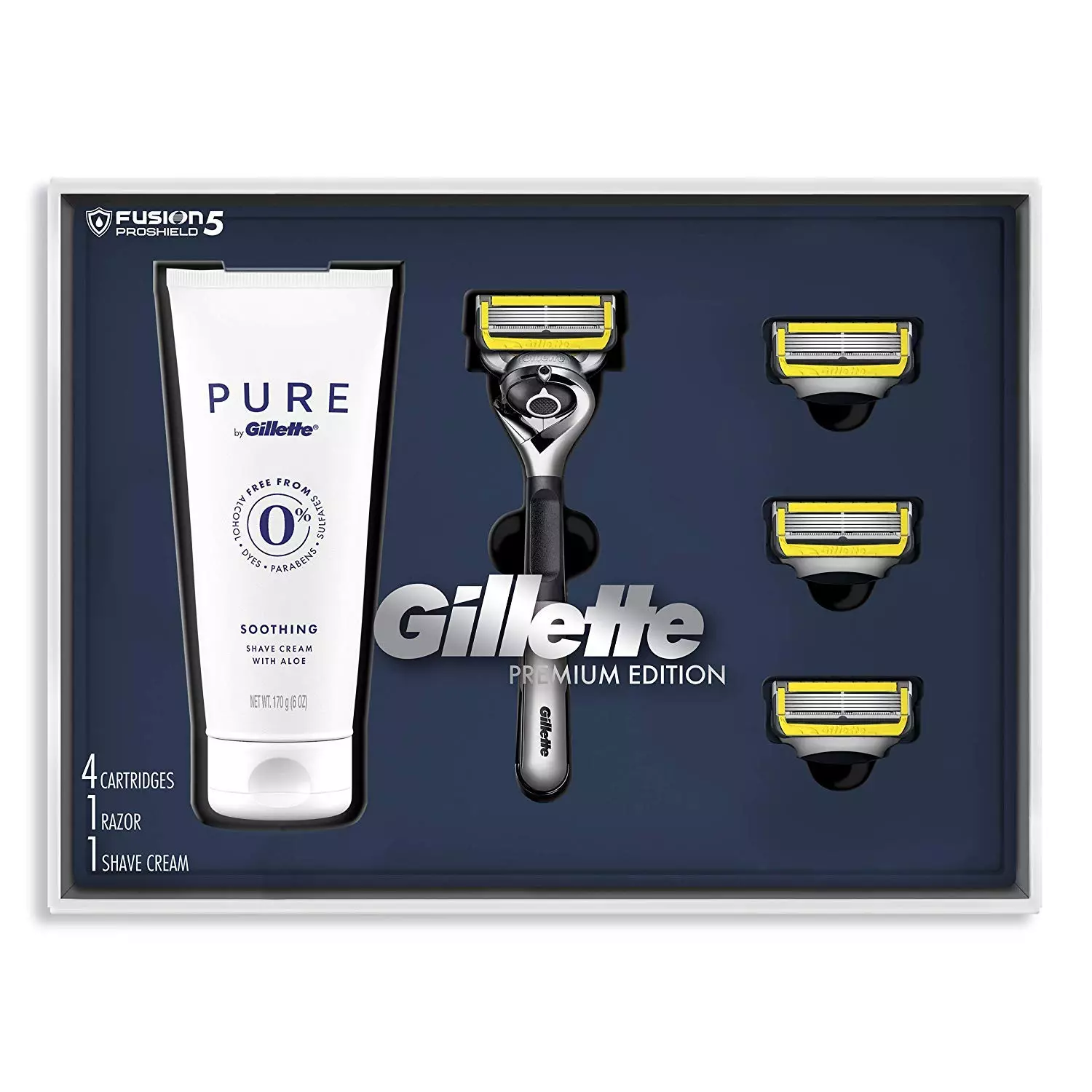 Gillette Fusion ProShield Shave Gift Set အပါအဝင် အမျိုးသားများအတွက် ဘလိတ်ဓား၊ ဖြည့်စွက်စာ ၄ ကြိမ် နှင့် မုတ်ဆိတ်ရိတ်ခရင်မ်
