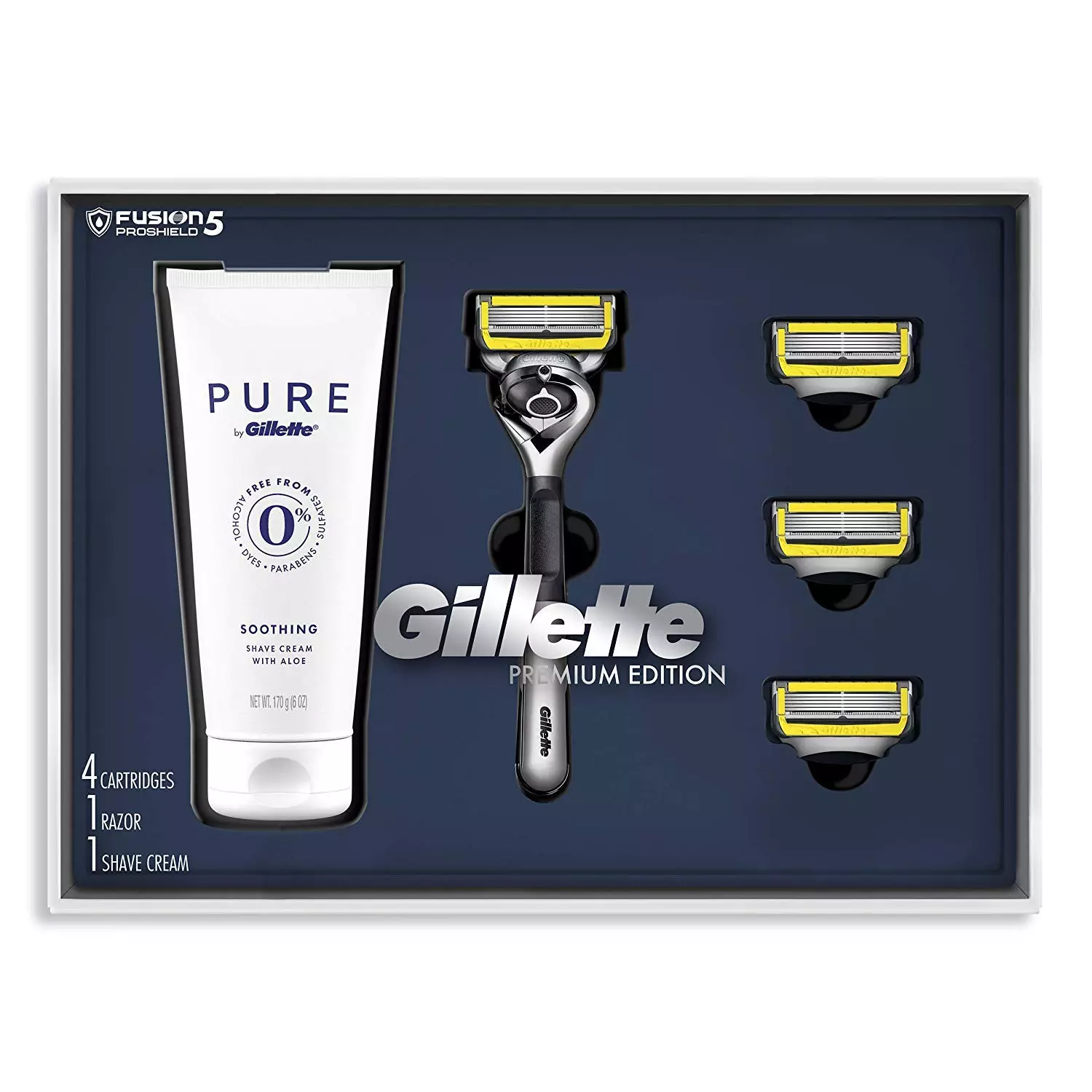 Gillette Fusion ProShield Shave Gift Set bakeng sa banna, ho kenyelletsa le lehare, li-refill tse 4 le tranelate ea ho kuta.