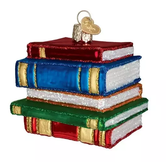 Old-World-Christmas-Stack-of-Books-Ornament, khoom plig zoo tshaj plaws rau cov neeg nyiam phau ntawv