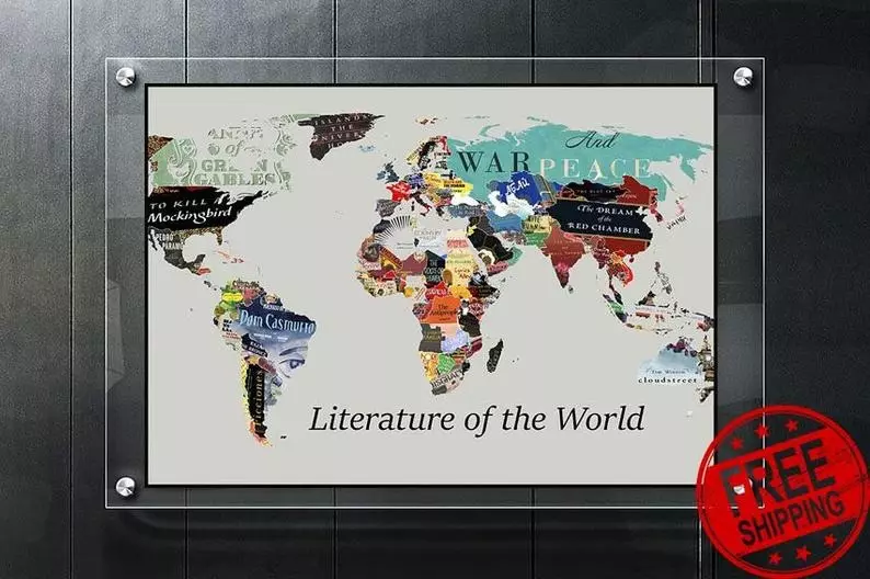 Plakatas-spaudinys-dekoras-pasaulio-literatūra-žemėlapis-plakatas, dovanos knygų mylėtojams