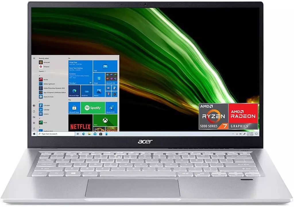 Acer Swift 3 Thin da Laptop mai haske a kan farin bango.