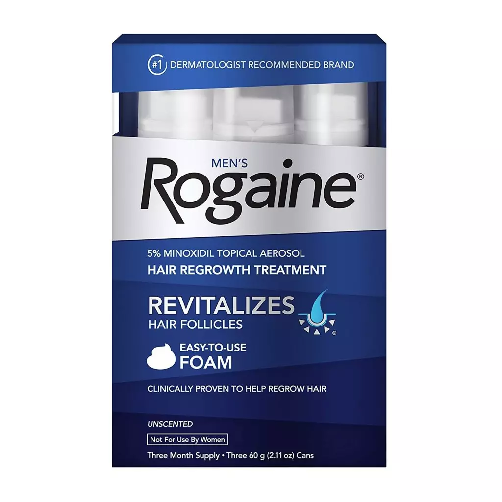 Men's Rogaine minoxidil busa pikeun bulu leungitna sarta tumuwuh deui bulu