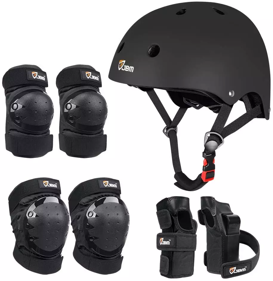 JBM Skateboarding Protection Gear e nang le helmete, lipache tsa setsoe, mangoleng le balebeli ba letsoho.