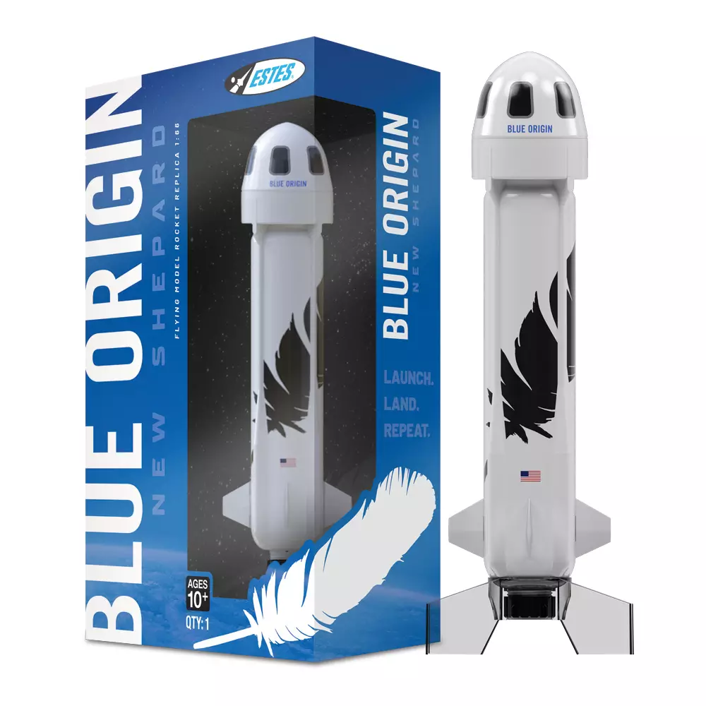 nowy model rakiety Shepard Blue Origin w pudełku
