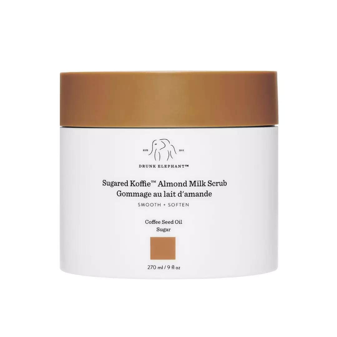 Drunk Elephant Sugared Koffie Almond Milk Body Scrub; tshuaj txhuam cev rau txiv neej