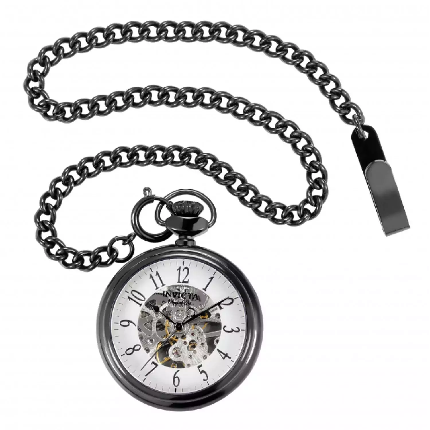 Invicta 47m Objet d'Art Mechanical Skeletonized Dial Black Pocket Watch w/ Chain - Pocket Watch