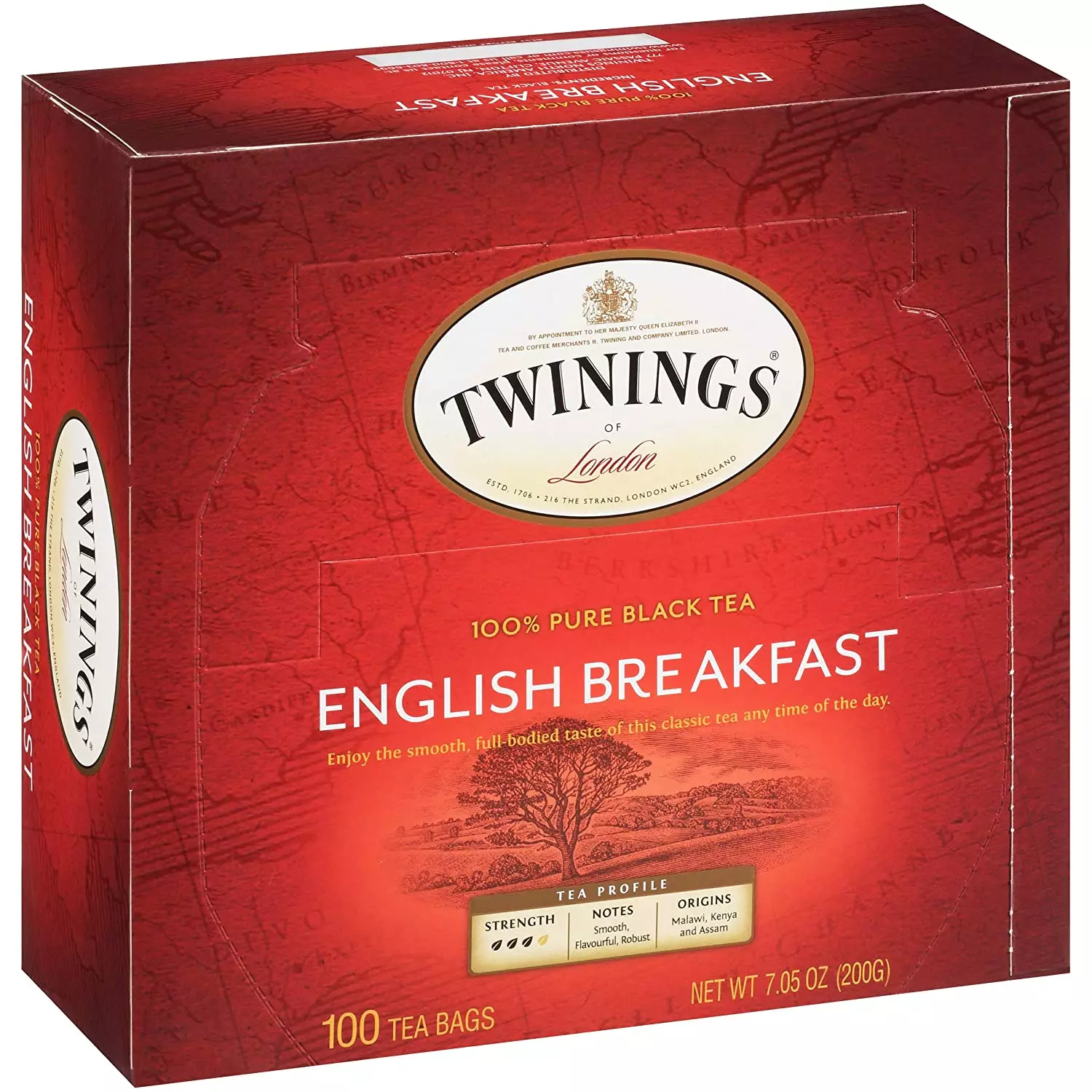 Kutia e binjakëzimit të qeseve të çajit të zi të mëngjesit anglez në Londër, numër 100