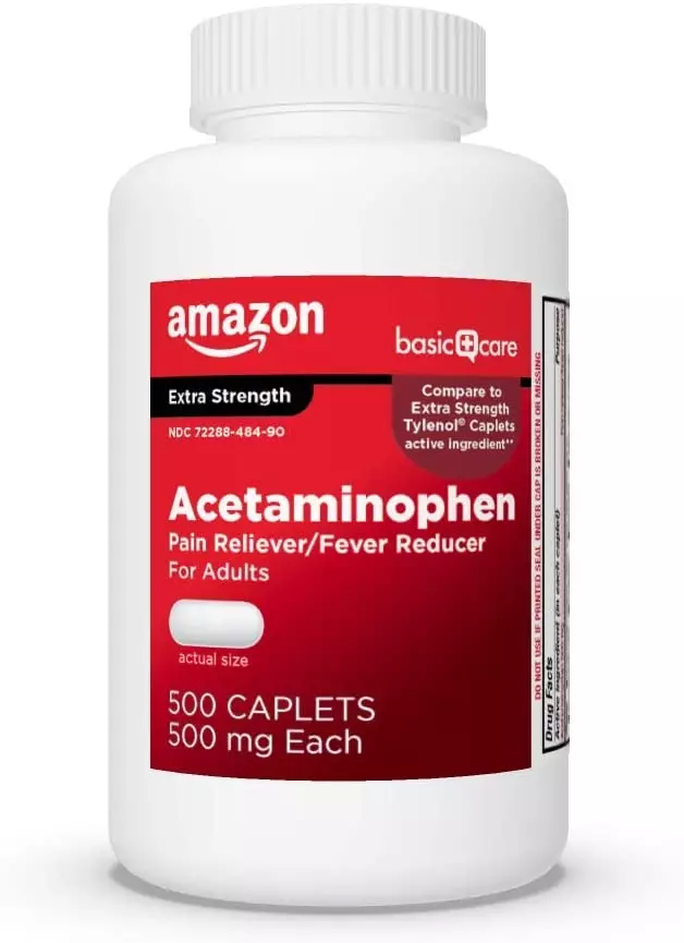 የ Amazon Basic Acetaminophen caplets ጠርሙስ, 500 mg, 500 ቆጠራ