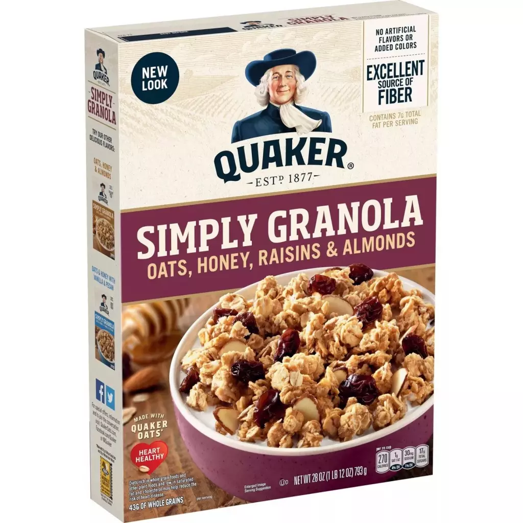 Quaker Granola avižos, medus, razinos ir migdolai, geriausia granola