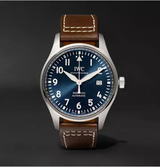 IWC-Schaffhausen-Pilots-Mark-XVIII-Petite-Prince-Nashri-Auttomatic-40mm-Watch-Ref.-№-IW327004 аз пӯлоди зангногир ва чарм