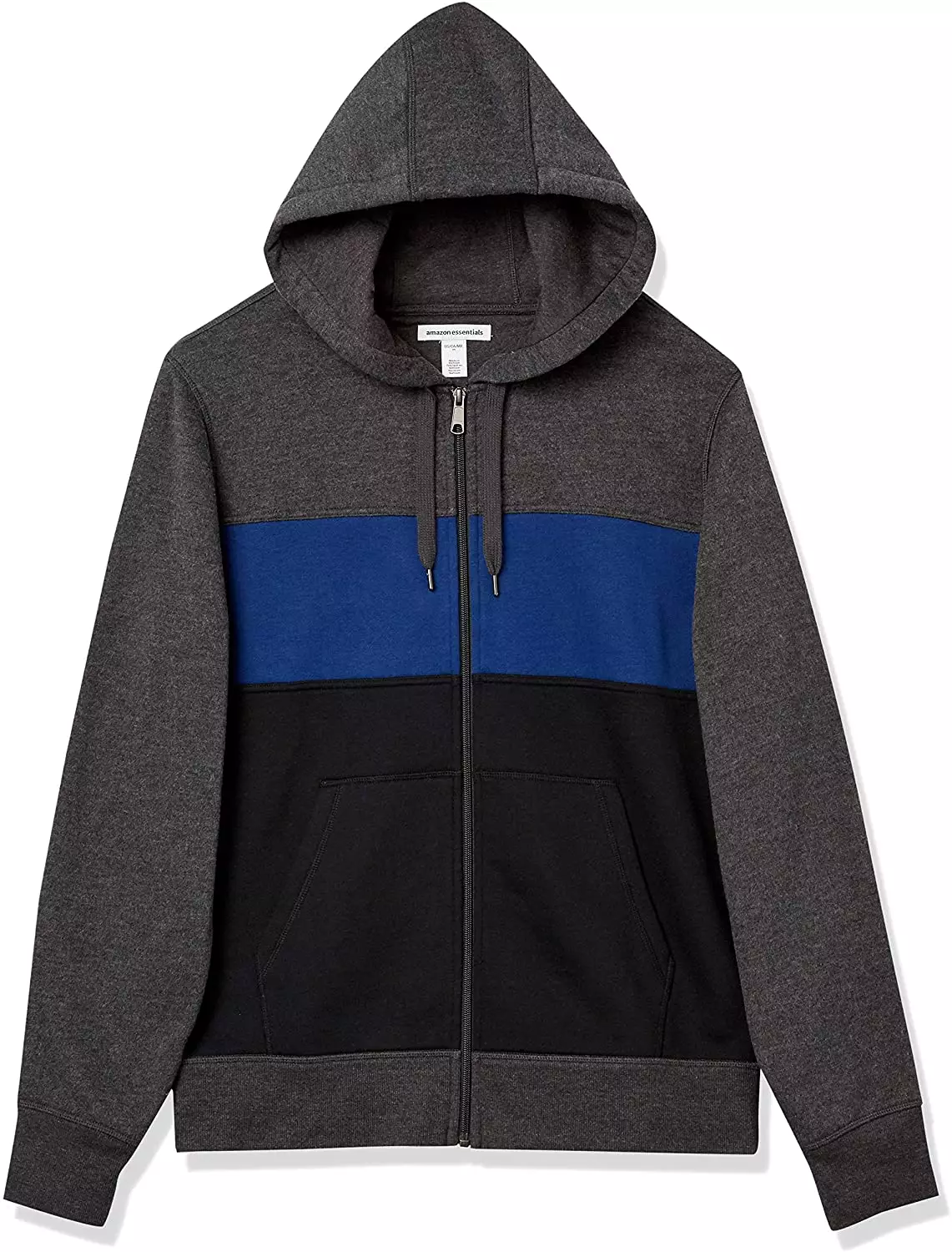 Amazon Essentials Sweat à capuche en polaire à fermeture éclair pour homme de couleur bloquée avec gris foncé, bleu et noir