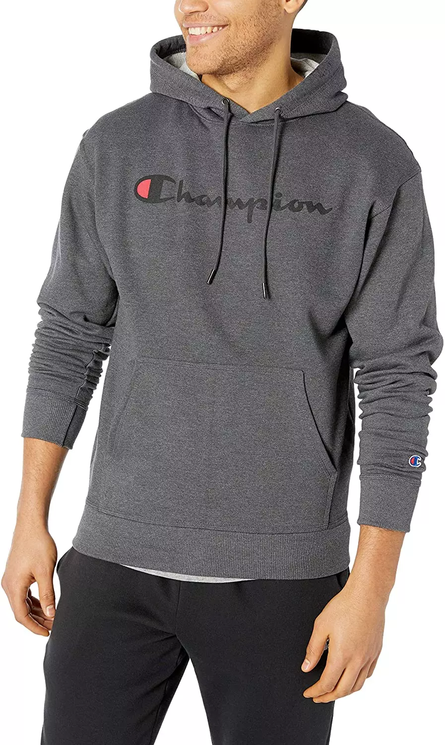 Champion Men's Graphic Powerblend hoodie fleece ពណ៌ប្រផេះមានឡូហ្គោធំ