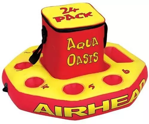 Airhead Aqua Oasis Floating Cooler ໃນສີແດງ ແລະສີເຫຼືອງ