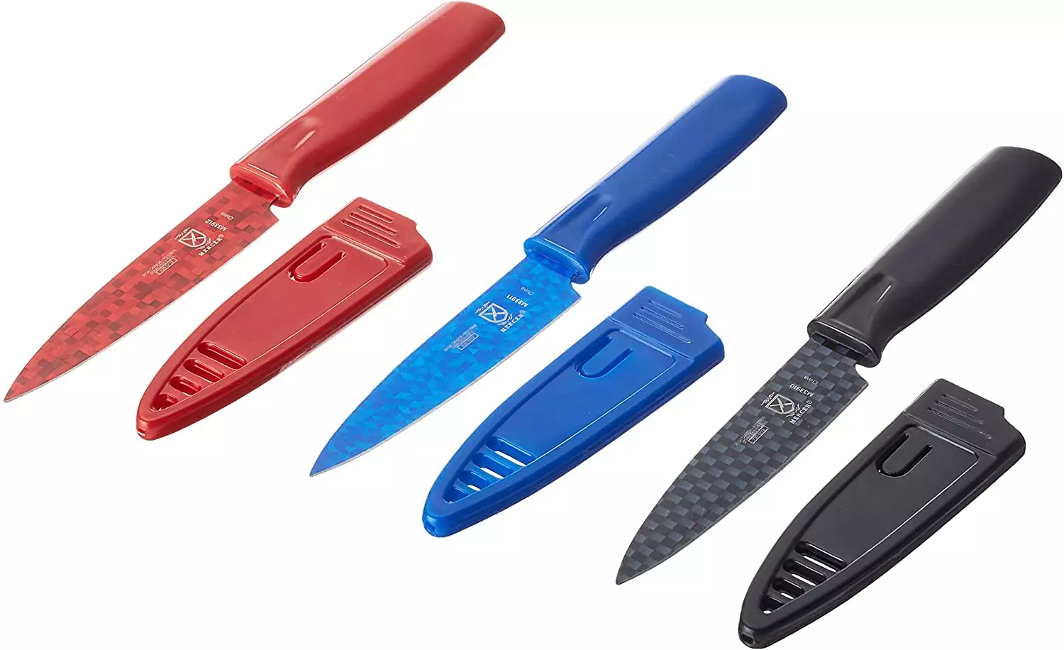 سكاكين التقشير ميرسر للطهي غير لاصقة ، طقم من ثلاثة سكاكين باللون الأحمر والأزرق والأسود مع أغماد مطابقة فردية