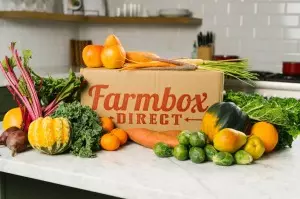 Servizo de entrega de froitas, froitas e verduras ao redor dunha caixa de envío directo de farmbox