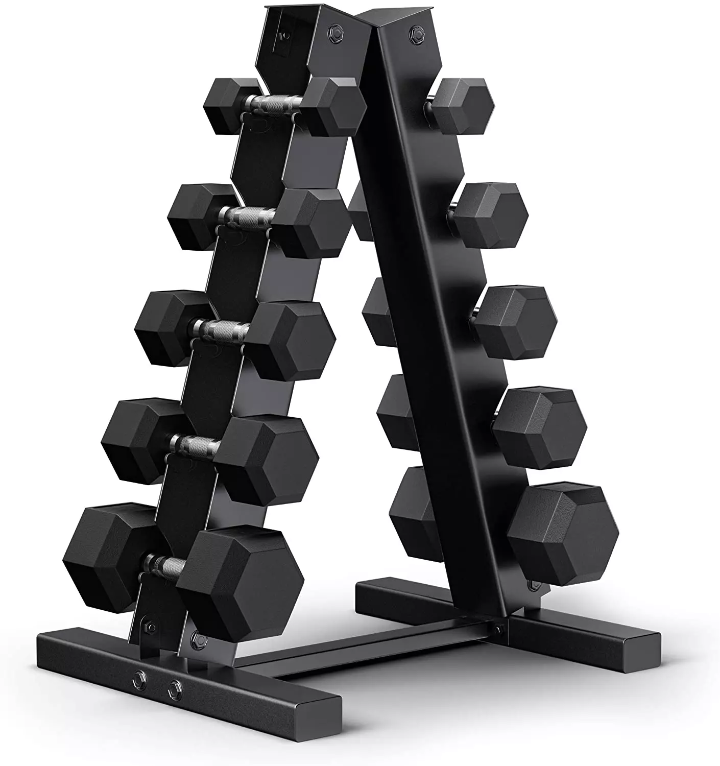 Epic Fitness 150 Pounds Hex Dumbbell Set with heavy-duty rack A-frame