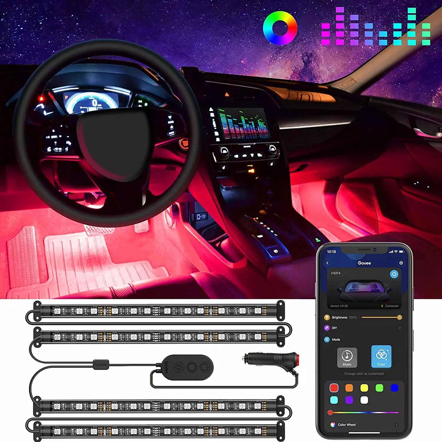„Govee“ vidaus LED automobilio žibintai; geriausi automobilių priedai