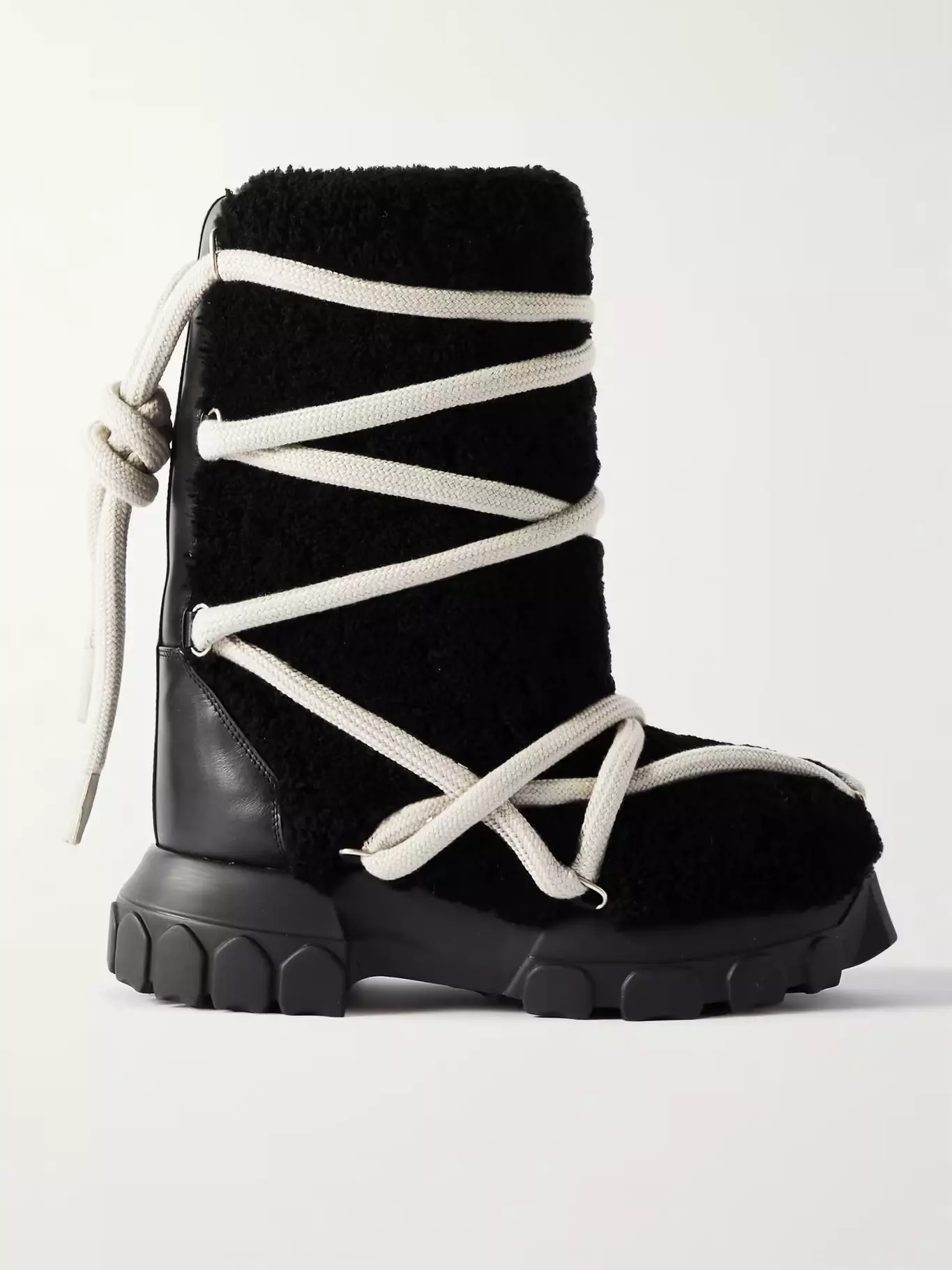 Rick Owens Lunar Tractor Leather-Limmed Shearling Boots
