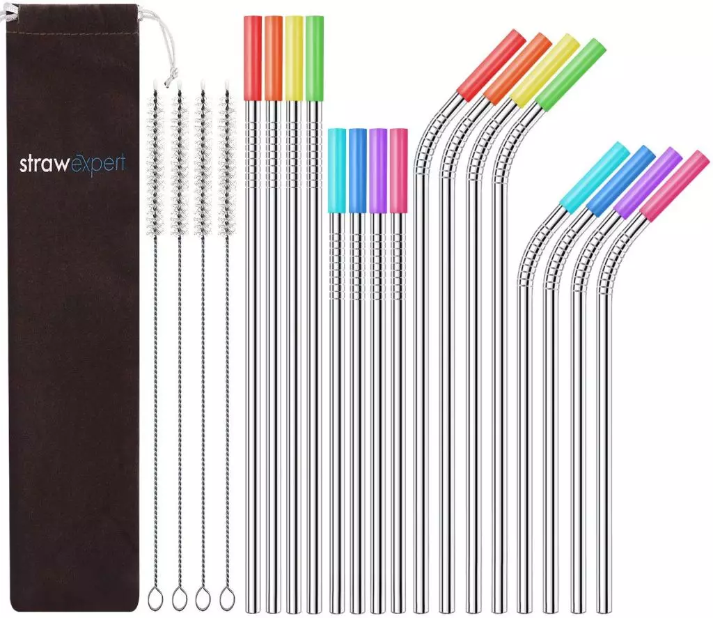StrawExpert မှ ပြန်လည်အသုံးပြုနိုင်သော Stainless Steel Straws 16 ခု