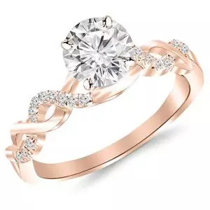 rose gold weave diamond engagement ring on a white background