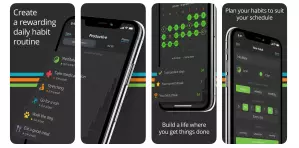serija od četiri snimka ekrana koji prikazuju produktivnu aplikaciju za praćenje navika
