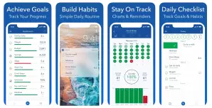 unha serie de catro capturas de pantalla que mostran a aplicación de seguimento de hábitos de pasos