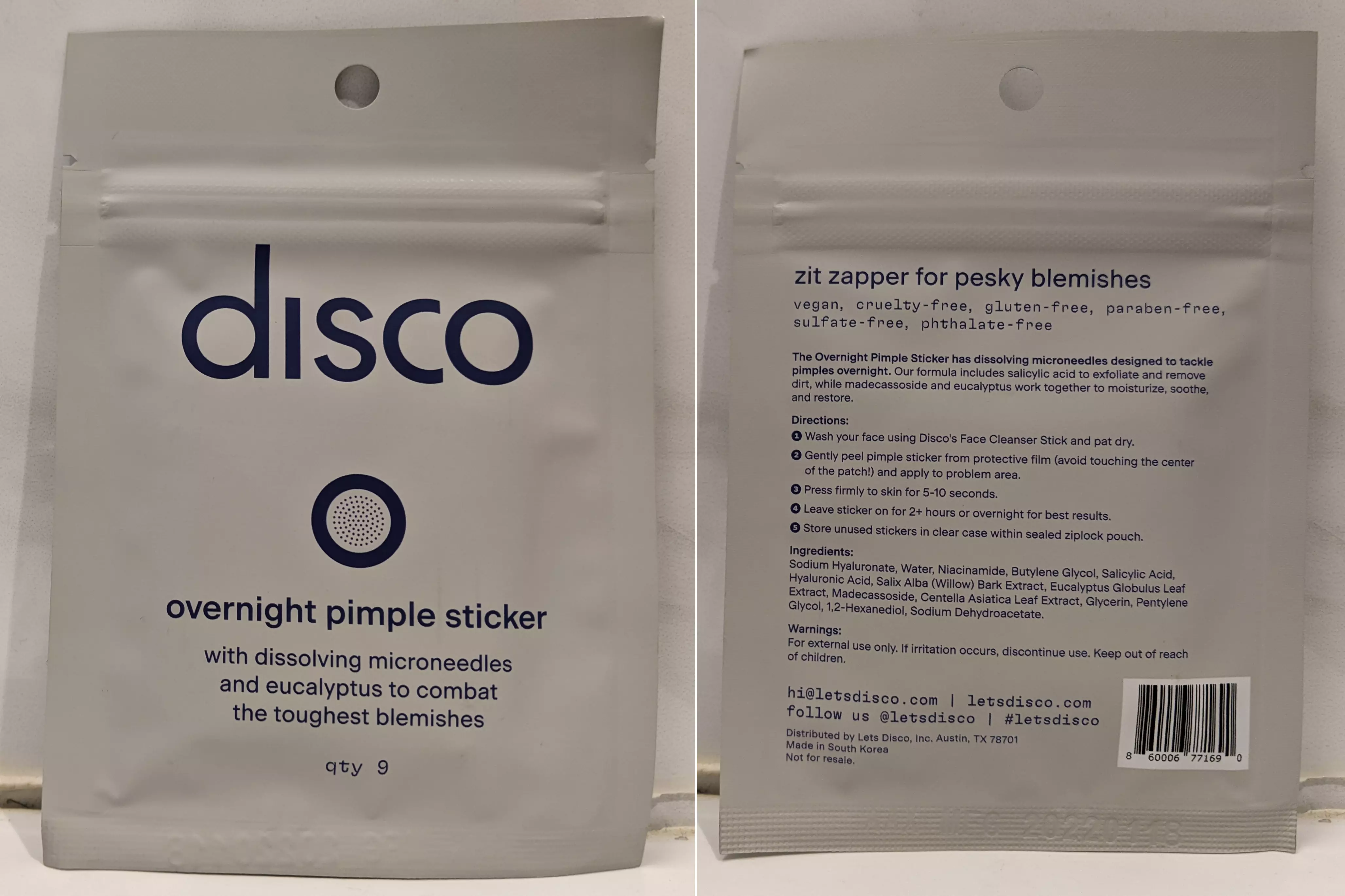 Disco Overnight Pimple Stickers iepakojums priekšā un aizmugurē; diskotēkas nakts pūtīšu uzlīmju apskats